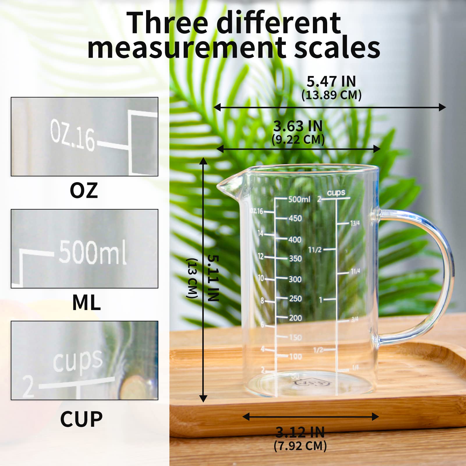 Glass Measuring Cup, [Insulated handle, V-Shaped Spout], 77L High Borosilicate Glass Measuring Cup for Kitchen or Restaurant, Easy To Read, 500 ML (0.5 Liter, 2 Cup)