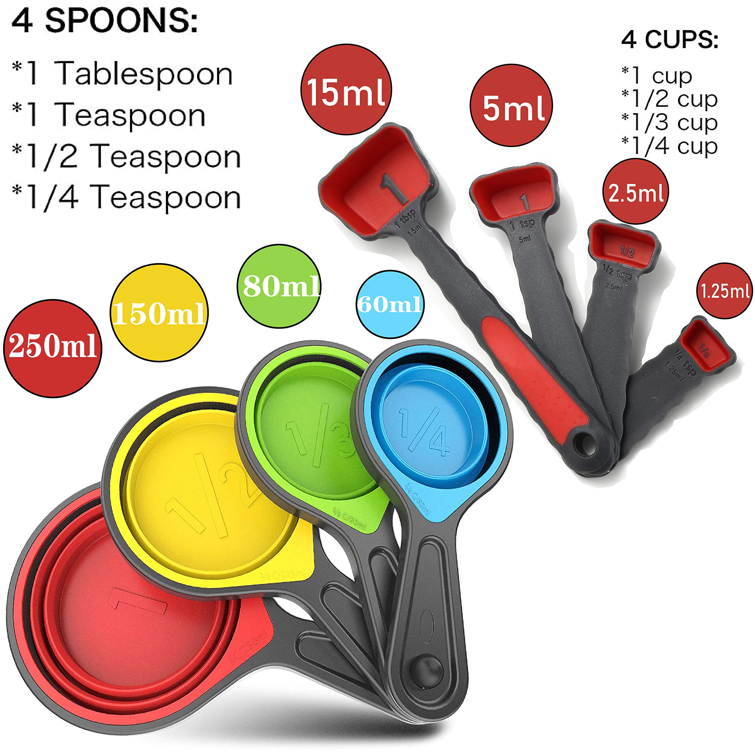 Collapsible Silicone Soft Measuring Cups and Measuring Spoons,8 pieces Portable Food Grade Silicone Measurement Cup for Liquid & Dry Measuring Baking &Utensils & Travel Measuring Cup，space saver