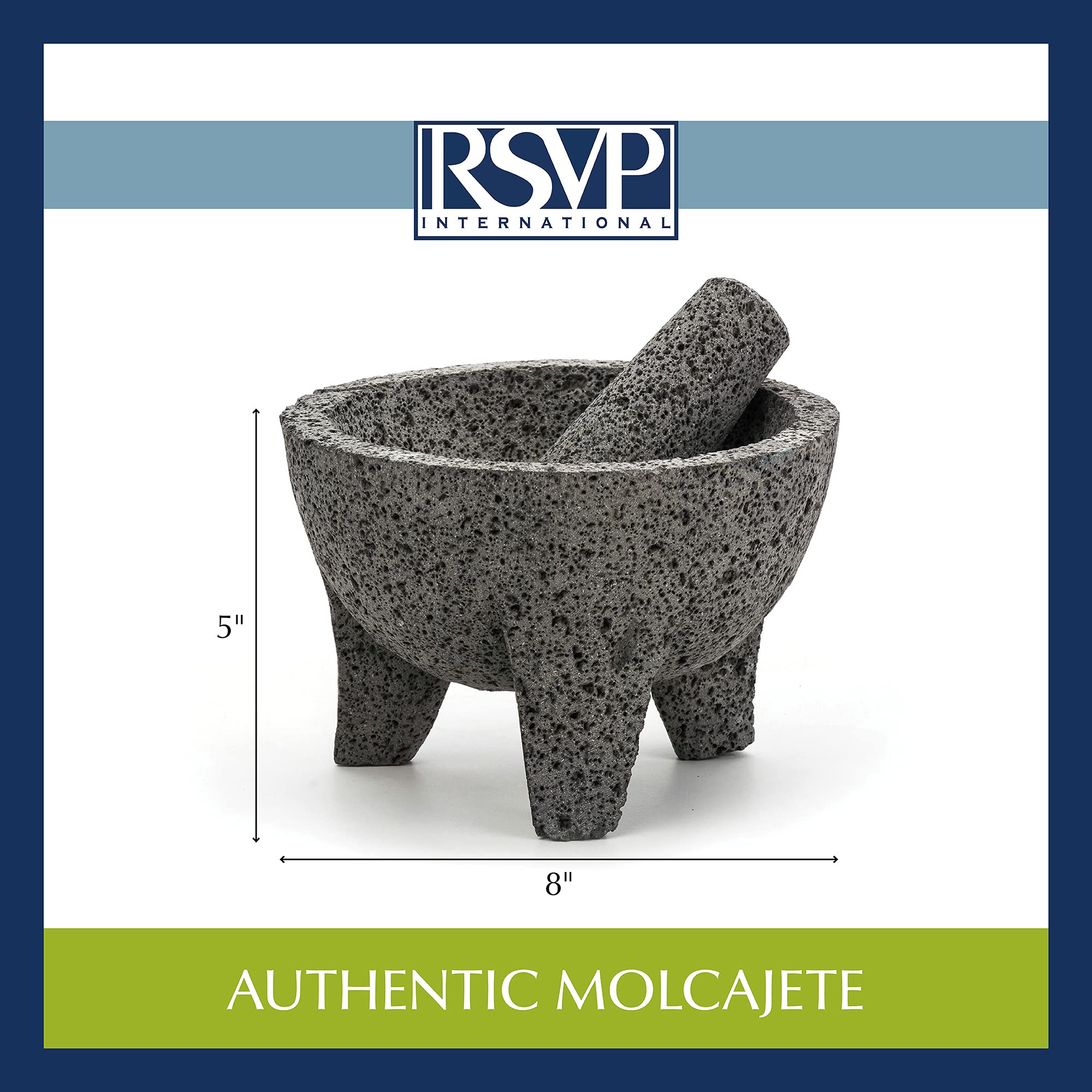 RSVP International Authentic Mexican Molcajete, 8.5" x 5", Natural Volcanic Stone