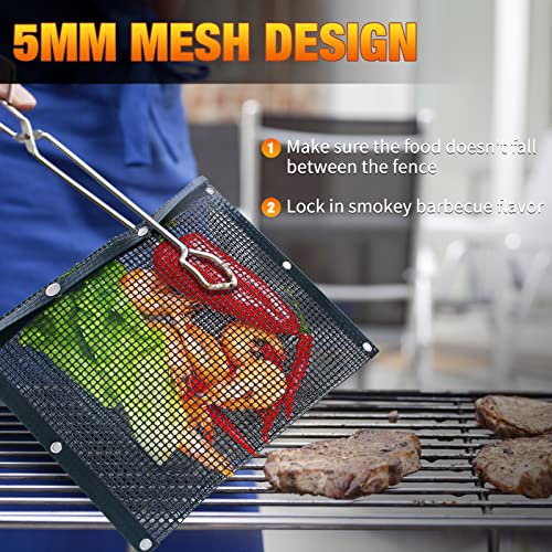 Large BBQ Mesh Grill Bags Set 2 Reusable Non-Stick Grill Bag for Charcoal Gas Electric Grills&Smokers Pitmasters Heat Resistant Barbecue Bag Vegetables Grilling Pouches Grill Accessories BBQ Tools