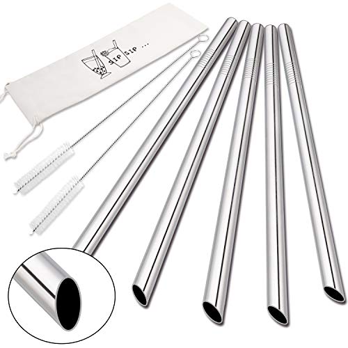 [Angled Tips] 5 Pcs 10" Reusable Boba Straws & Smoothie Straws, 0.5" Wide Stainless Steel Straws, Metal Straws for Bubble Tea/Tapioca Pearl, Milkshakes, Jumbo Drinks | 2 Cleaning Brushes & 1 Case