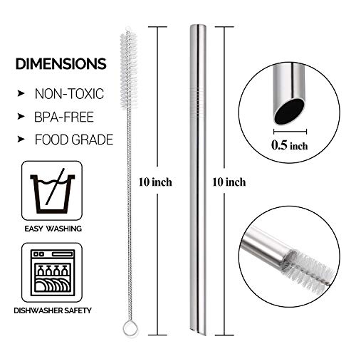 [Angled Tips] 5 Pcs 10" Reusable Boba Straws & Smoothie Straws, 0.5" Wide Stainless Steel Straws, Metal Straws for Bubble Tea/Tapioca Pearl, Milkshakes, Jumbo Drinks | 2 Cleaning Brushes & 1 Case