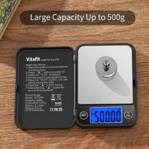 Vitafit 500g Digital Pocket Gram Scale 0.01g Accuracy, Weighing Professional Since 2001, High Precision Scale Grams for: Lab, Food, Kitchen, Coffee, Jewelry; Black