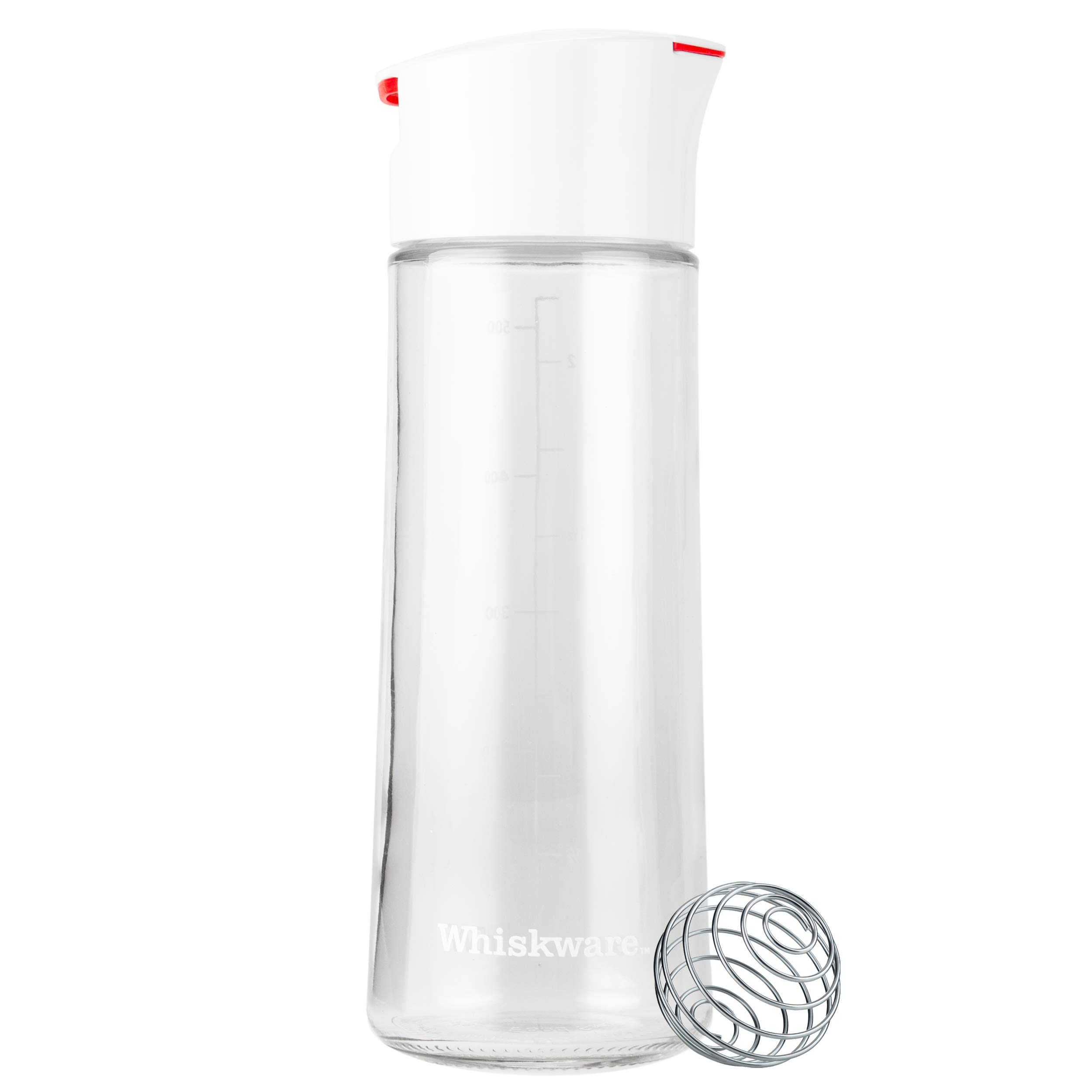 Whiskware Glass BlenderBall Whisk Leak Proof Salad Dressing Shaker Bottle with Auto Closing Lid for No Spills, 2.5 Cups, White