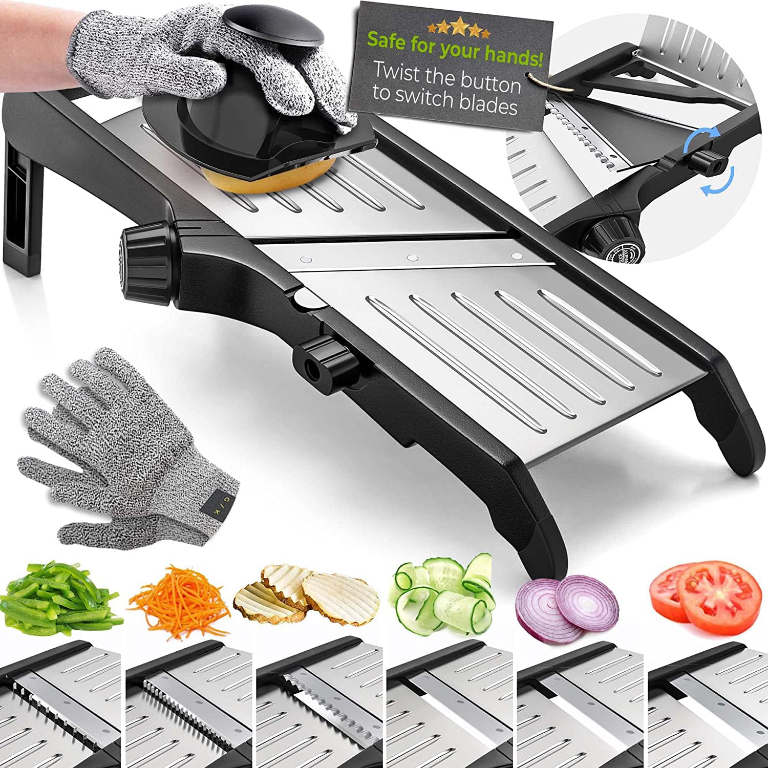 Mandoline Food Slicer, Adjustable Stainless Steel with Waffle Fry Cutter Crinkle Cut Potato Chip Vegetable Onion