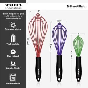 Walfos Silicone Balloon Whisk, Heat Resistant Non Scratch Coated Kitchen Whisks for Cooking Nonstick Cookware, Balloon Egg Wisk Perfect for Blending, Baking, Beating, Set of 3,Red,Blue,Green