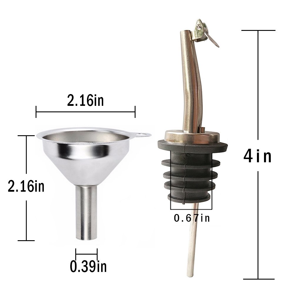 olive oil spouts,Stainless Steel Classic Bottle Pour Tapered Spouts for Pours liquor, vinegar, syrup or oils with Stainless Steel Funnels (2pcs)