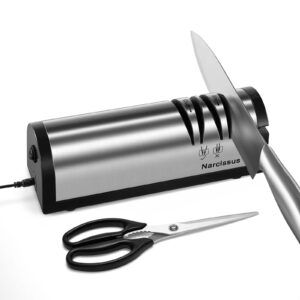 narcissus knife sharpener, professional 2 stage electric knife sharpener for quick sharpening & polishing, with scissors sharpener and metal dust collection box, stainless steel, silver