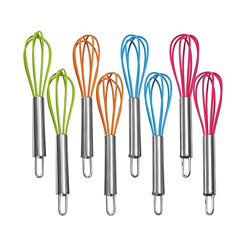 Wtcynla 8 Pack 6" Multi-Color Mini Silicone Kitchen Whisks with Stainless Steel Handles Egg Beater Milk Beater Balloon Whisk for Blending Stirring Whisking and Beating(4 Colors)