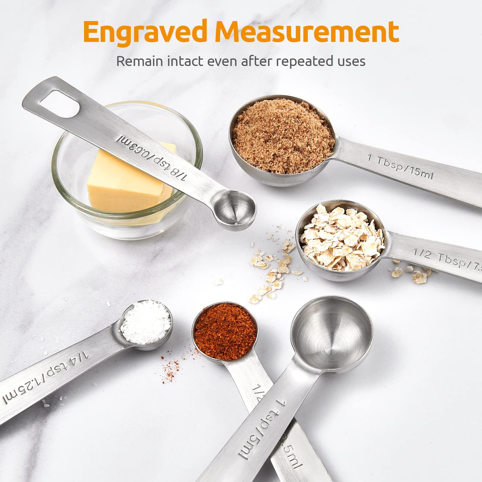 Measuring Spoons: U-Taste 18/8 Stainless Steel Set of 7 Piece: 1/8 tsp, 1/4 tsp, 1/2 tsp, 3/4 tsp, 1 tsp, 1/2 tbsp & 1 tbsp Dry and Liquid Ingredients