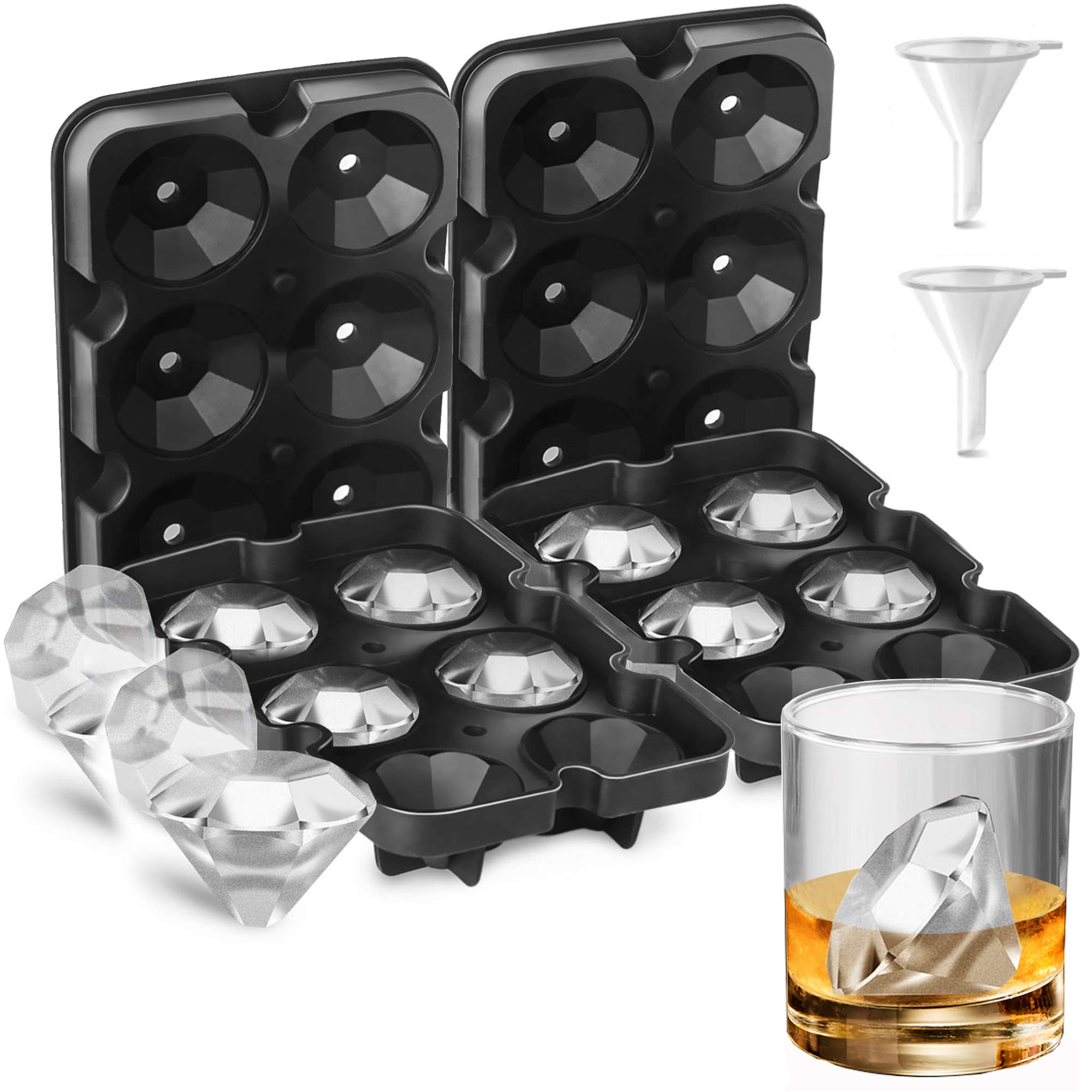 Diamond Ice Cube Molds (Set of 2) Whiskey Ice Cube Tray ，Ice Cube Maker Tray,Diamond Silicone Ice Cube Molds with Lids,Reusable and BPA Free