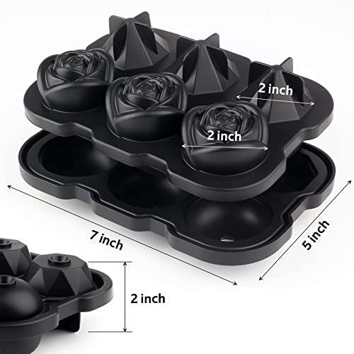 Ice Cube Tray, Mikiwon 2 inch Rose Ice Cube Trays With Covers, 3 Cavity Silicone Rose Ice Tray & 3 Diamond Ice Ball Maker, Easy Release Large Ice Cube Form for Chilled Cocktails, Whiskey Juice Black