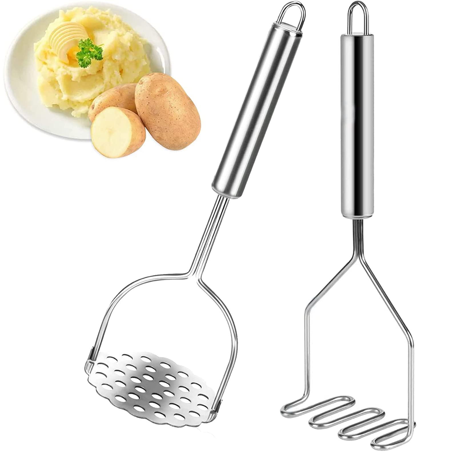 Tefrey 2 Pack Potato Masher, Heavy Duty Stainless Steel Potato Masher Kitchen Tool For Avocado, Mashed Potatoes, Beans, Vegetables etc.