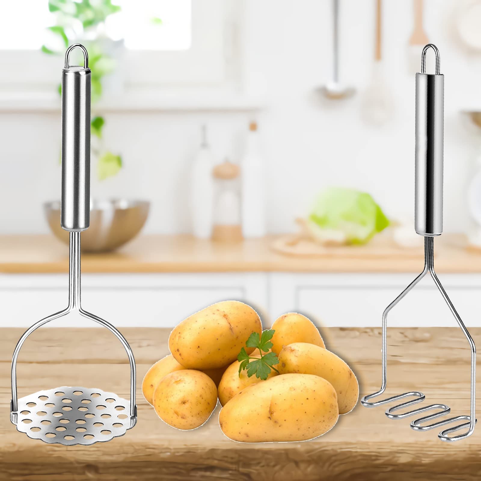 Tefrey 2 Pack Potato Masher, Heavy Duty Stainless Steel Potato Masher Kitchen Tool For Avocado, Mashed Potatoes, Beans, Vegetables etc.