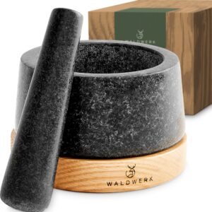 waldwerk mortar and pestle - mortar and pestle set with anti-scratch oak wood base - mortar with extra large pestle made of natural granite - large mortar and pestle - ideal for guacamole