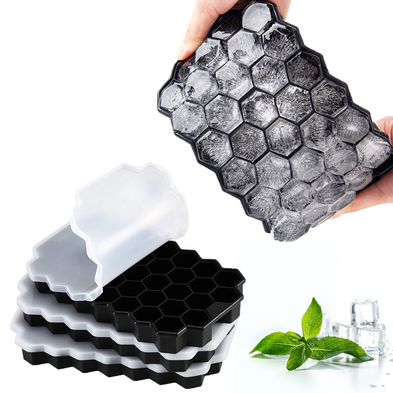 Hocerlu Ice Cube Trays, 3 Pack Silicone Small Ice Cube Trays with Removable Lid, Easy-Release Flexible Hexagonal 37-Ice Cube Molds, Stackable for Freezer, Chilled Drinks, Whiskey, Cocktail - Black