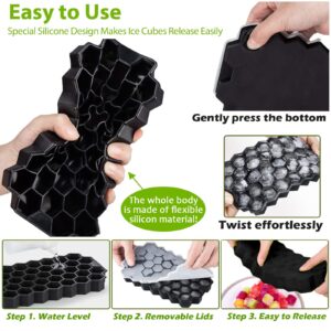 Hocerlu Ice Cube Trays, 3 Pack Silicone Small Ice Cube Trays with Removable Lid, Easy-Release Flexible Hexagonal 37-Ice Cube Molds, Stackable for Freezer, Chilled Drinks, Whiskey, Cocktail - Black