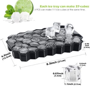 Hocerlu Ice Cube Trays, 3 Pack Silicone Small Ice Cube Trays with Removable Lid, Easy-Release Flexible Hexagonal 37-Ice Cube Molds, Stackable for Freezer, Chilled Drinks, Whiskey, Cocktail - Black