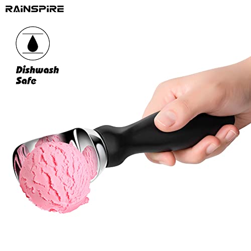 Rainspire Ice Cream Scoop Stainless Steel with Comfortable Handle, Ice Cream Scooper Heavy Duty, Ice Cream Spade Great for Spooning Frozen Hard Gelato and Sorbet, Cookie Dough, Melon, Black