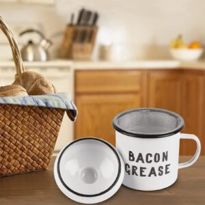 HOOMUU Bacon Grease Container with Fine Strainer - Farmhouse Style White Enamel Can for Kitchen Counter Storage Decor - Durable & Easy to Clean Cooking Oil Keeper 4 X 4 Inch