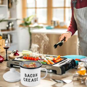 HOOMUU Bacon Grease Container with Fine Strainer - Farmhouse Style White Enamel Can for Kitchen Counter Storage Decor - Durable & Easy to Clean Cooking Oil Keeper 4 X 4 Inch