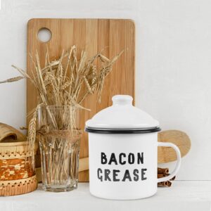 HOOMUU Bacon Grease Container with Fine Strainer - Farmhouse Style White Enamel Can for Kitchen Counter Storage Decor - Durable & Easy to Clean Cooking Oil Keeper 4 X 4 Inch