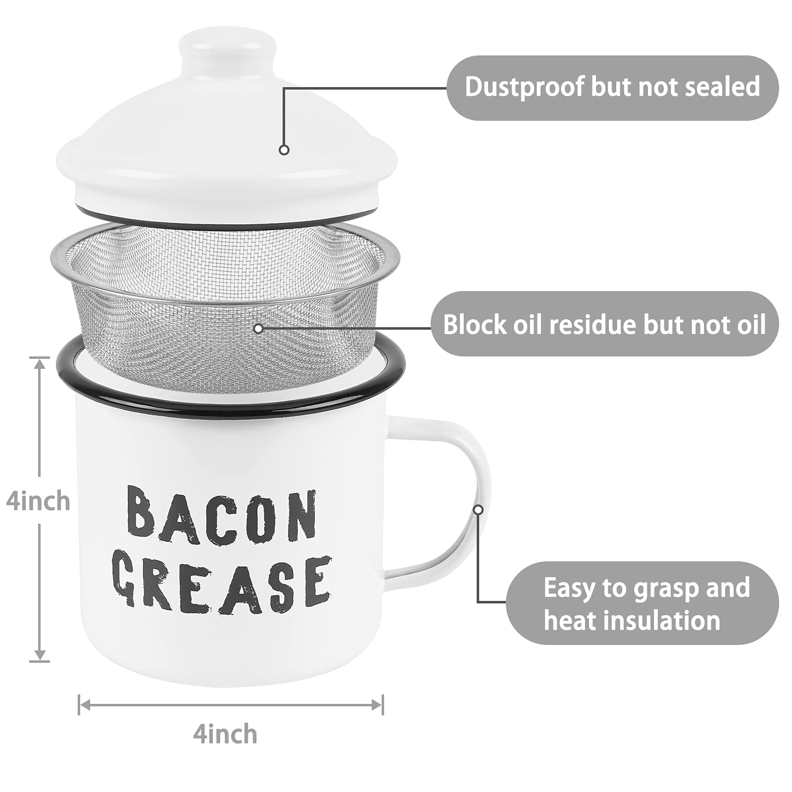 HOOMUU Bacon Grease Container with Fine Strainer - Farmhouse Style White Enamel Can for Kitchen Counter Storage Decor - Durable & Easy to Clean Cooking Oil Keeper 4 X 4 Inch