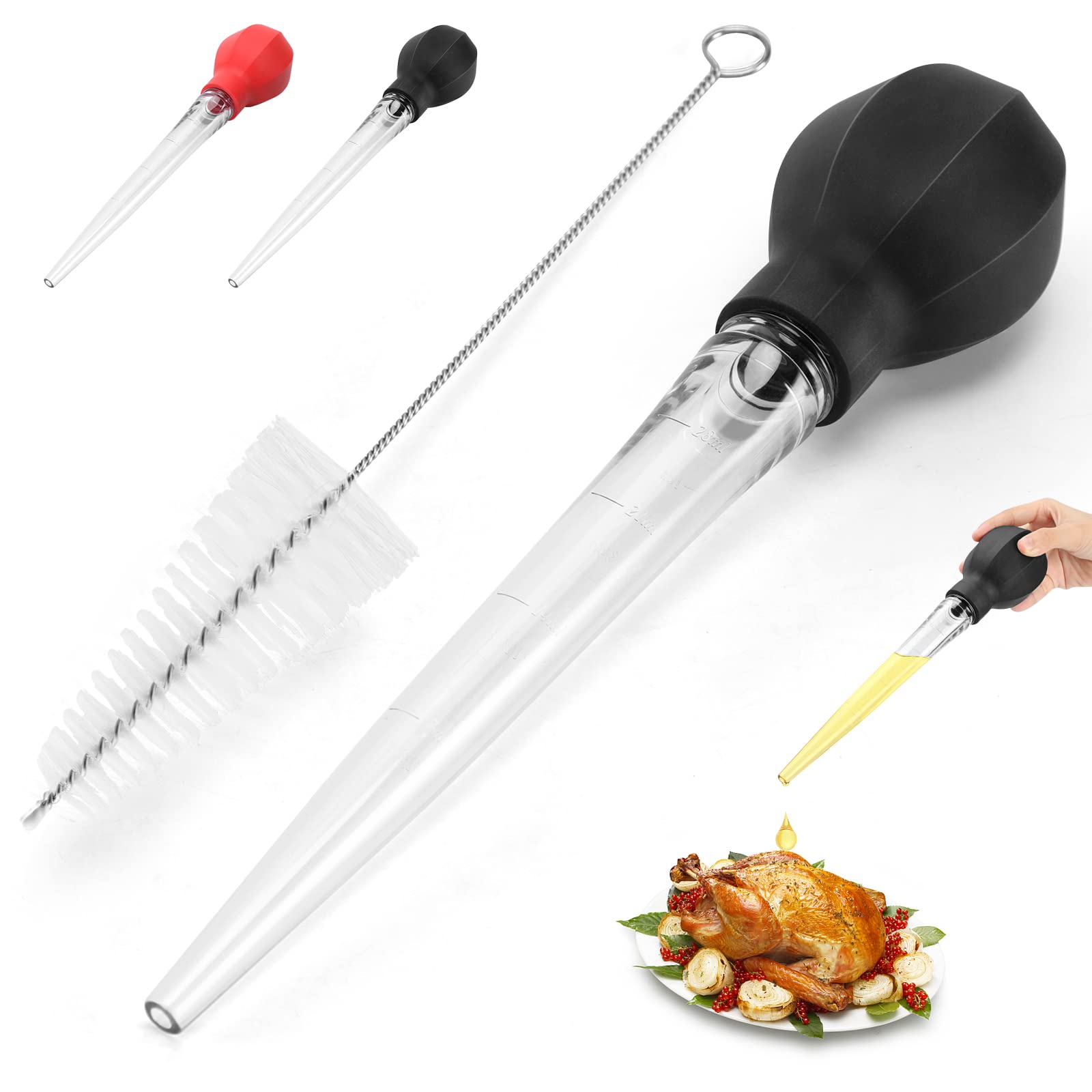 SCHVUBENR Large Turkey Baster with Cleaning Brush - Premium Baster Tool for Cooking - Easy to Use and Clean - Powerful Bulb Baster Syringe - Dishwasher Safe - Flavor Meat Poultry, Beef, Chicken(Black)