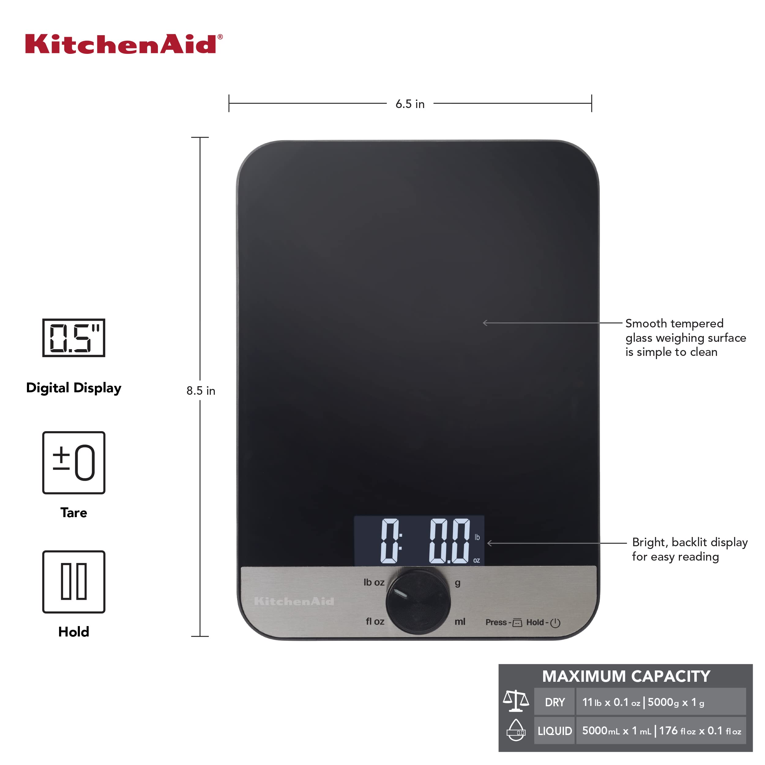 KitchenAid KQ908 Glass Surface 11 Pound Capacity Digital Kitchen and Food Scale, Black