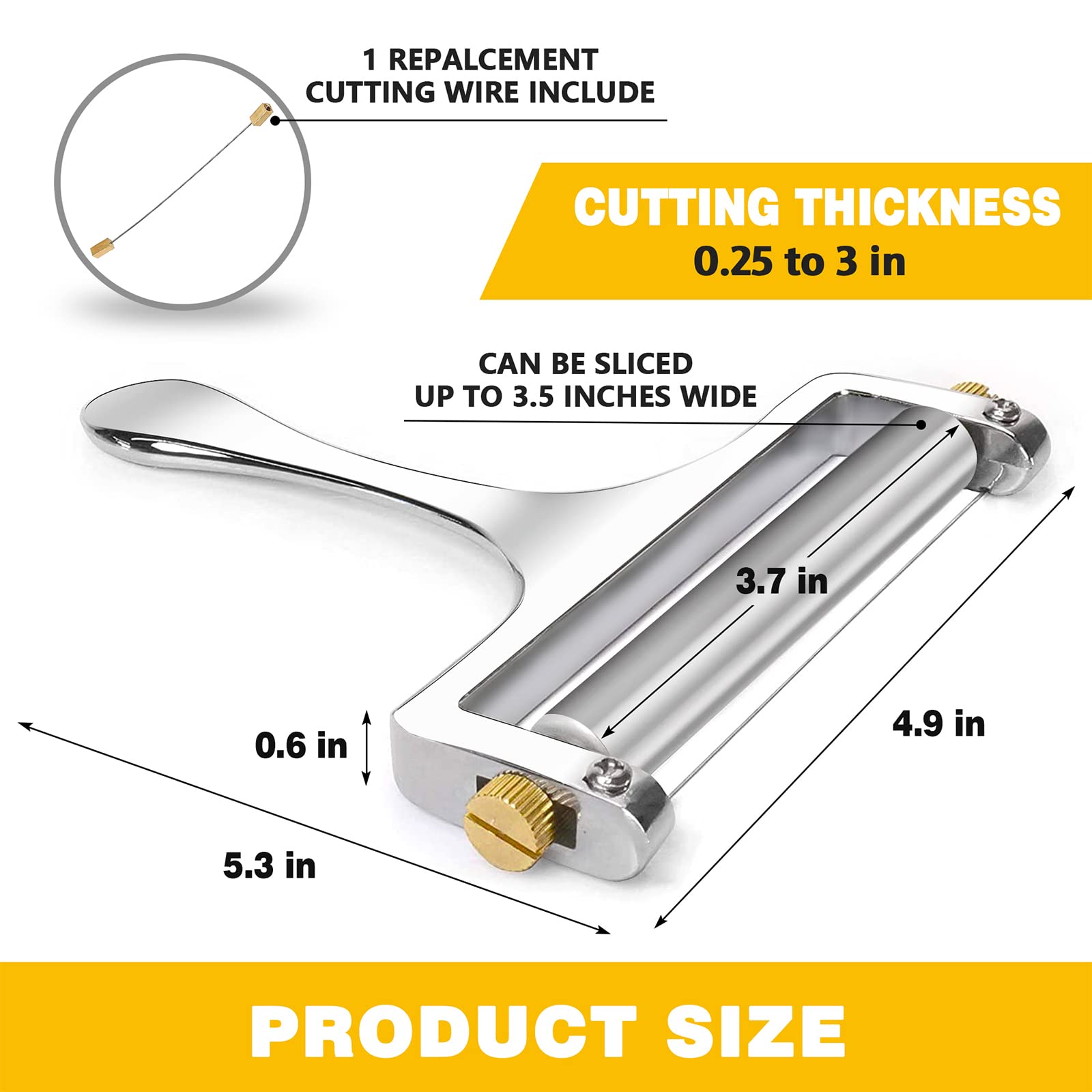 TOPULORS Cheese Slicer Stainless Steel Wire Cheese Cutter Slicer for Mozzarella, Cheddar, Gouda, And More Block Cheese - Heavy Duty Slicer With 1 Extra Replacement Cutting Wire Adjustable Thickness