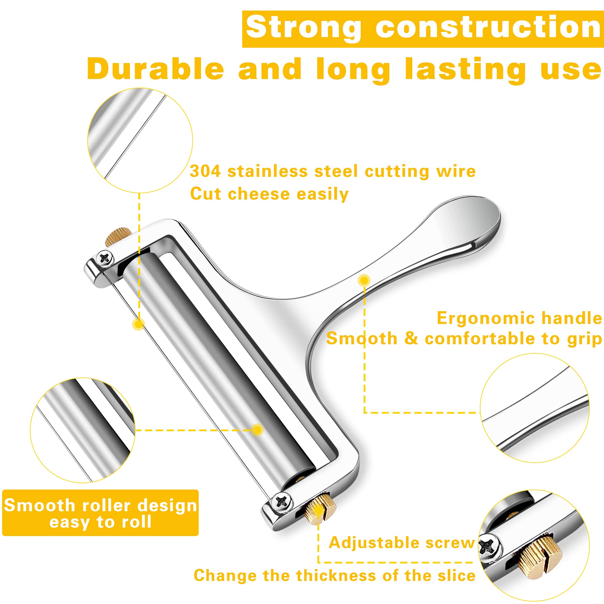 TOPULORS Cheese Slicer Stainless Steel Wire Cheese Cutter Slicer for Mozzarella, Cheddar, Gouda, And More Block Cheese - Heavy Duty Slicer With 1 Extra Replacement Cutting Wire Adjustable Thickness