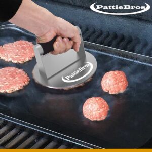 PattieBros Stainless Steel Burger Press 6.2in | Hamburger Press with Rubber Handle | Smash Burger Press for Griddle | Burger Smasher Grill Press | Meat Press | Griddle Accessories Kit | Grill Press