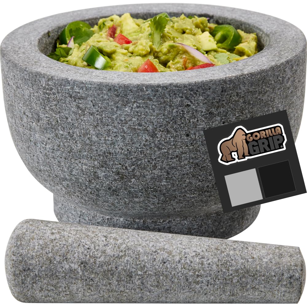 Gorilla Grip 100% Granite Slip Resistant Mortar and Pestle Set, Stone Guacamole Spice Grinder Bowls, Large Molcajete for Mexican Salsa Avocado Taco Mix Bowl, Kitchen Cooking Accessories, 1.5 Cup, Gray