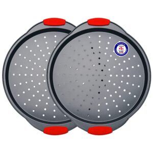 pizza tray – 2 round with silicone handles – carbon steel pizza pan with holes and non-stick coating – pfoa pfos and ptfe free by bakken