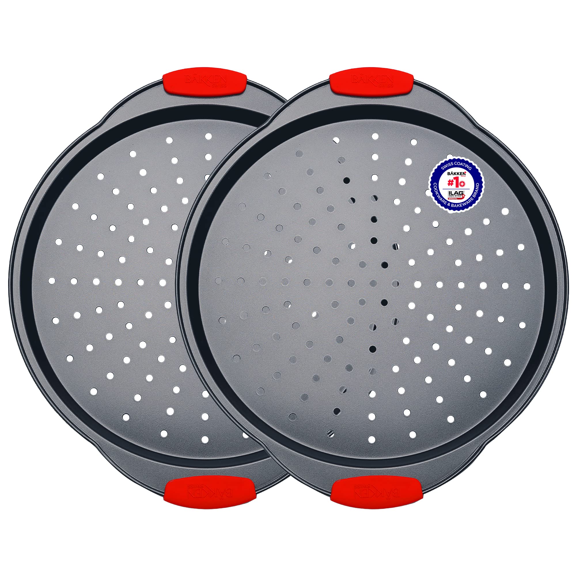 Pizza Tray – 2 Round with Silicone Handles – Carbon Steel Pizza Pan with Holes and Non-Stick Coating – PFOA PFOS and PTFE Free by Bakken