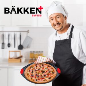 Pizza Tray – 2 Round with Silicone Handles – Carbon Steel Pizza Pan with Holes and Non-Stick Coating – PFOA PFOS and PTFE Free by Bakken