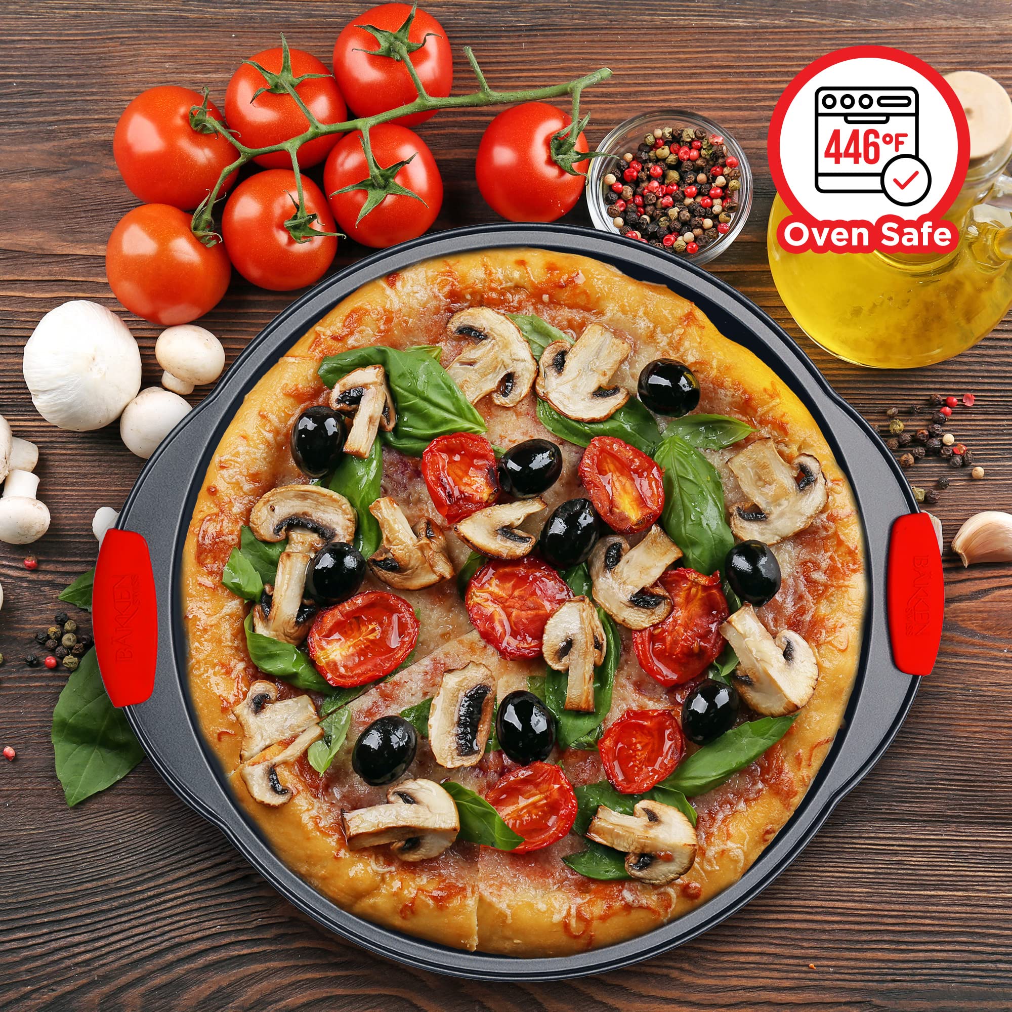 Pizza Tray – 2 Round with Silicone Handles – Carbon Steel Pizza Pan with Holes and Non-Stick Coating – PFOA PFOS and PTFE Free by Bakken