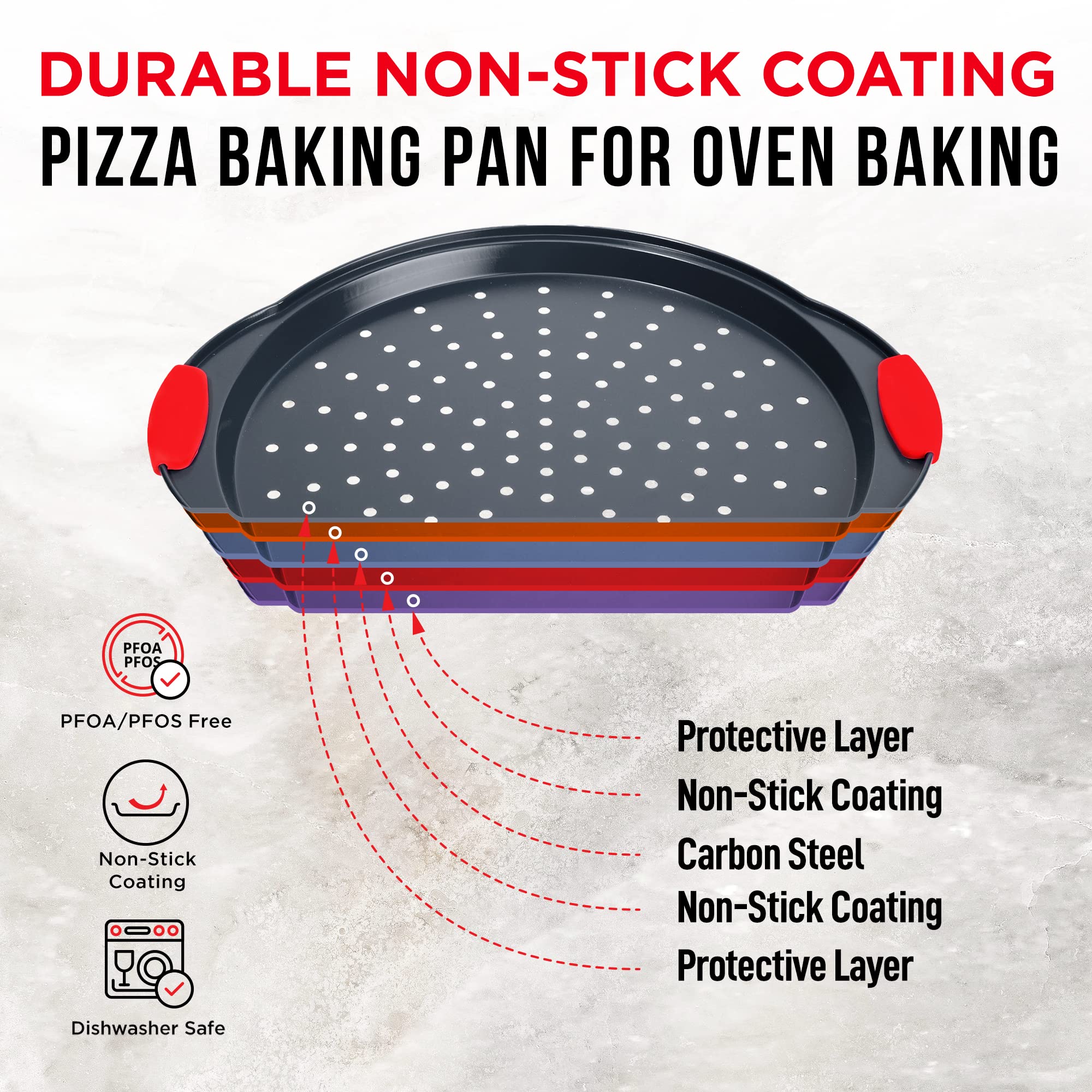 Pizza Tray – 2 Round with Silicone Handles – Carbon Steel Pizza Pan with Holes and Non-Stick Coating – PFOA PFOS and PTFE Free by Bakken