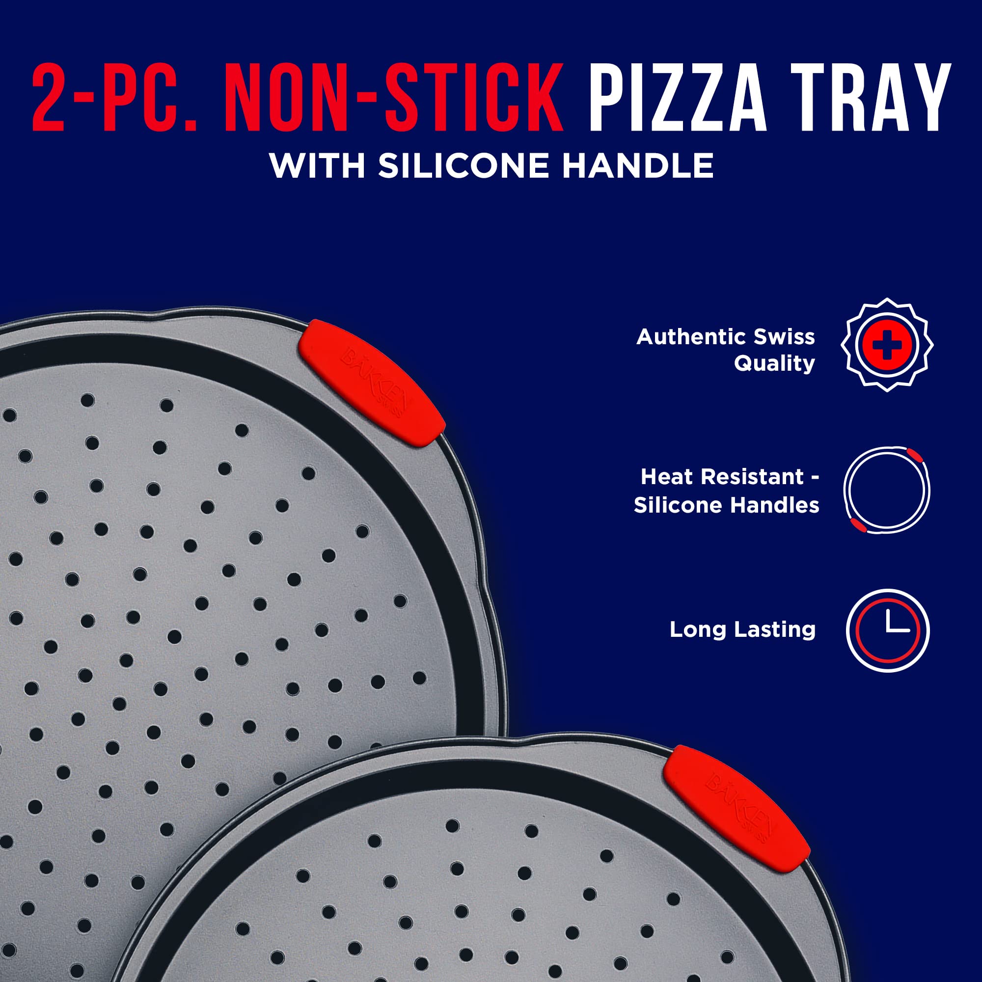 Pizza Tray – 2 Round with Silicone Handles – Carbon Steel Pizza Pan with Holes and Non-Stick Coating – PFOA PFOS and PTFE Free by Bakken