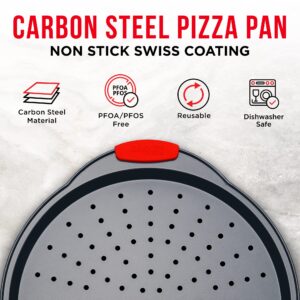 Pizza Tray – 2 Round with Silicone Handles – Carbon Steel Pizza Pan with Holes and Non-Stick Coating – PFOA PFOS and PTFE Free by Bakken