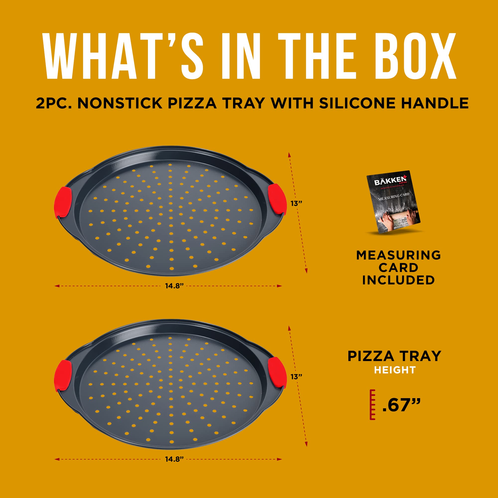 Pizza Tray – 2 Round with Silicone Handles – Carbon Steel Pizza Pan with Holes and Non-Stick Coating – PFOA PFOS and PTFE Free by Bakken