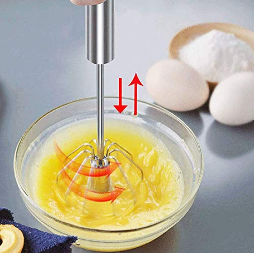 Stainless Steel Whisks, Hand Push Whisk Blender Semi-Automatic Whisk Mixer Egg Milk Beater Milk Frother Rotating Push Whisk Mixer for Blending, Whisking, Beating & Stirring (10 inches)