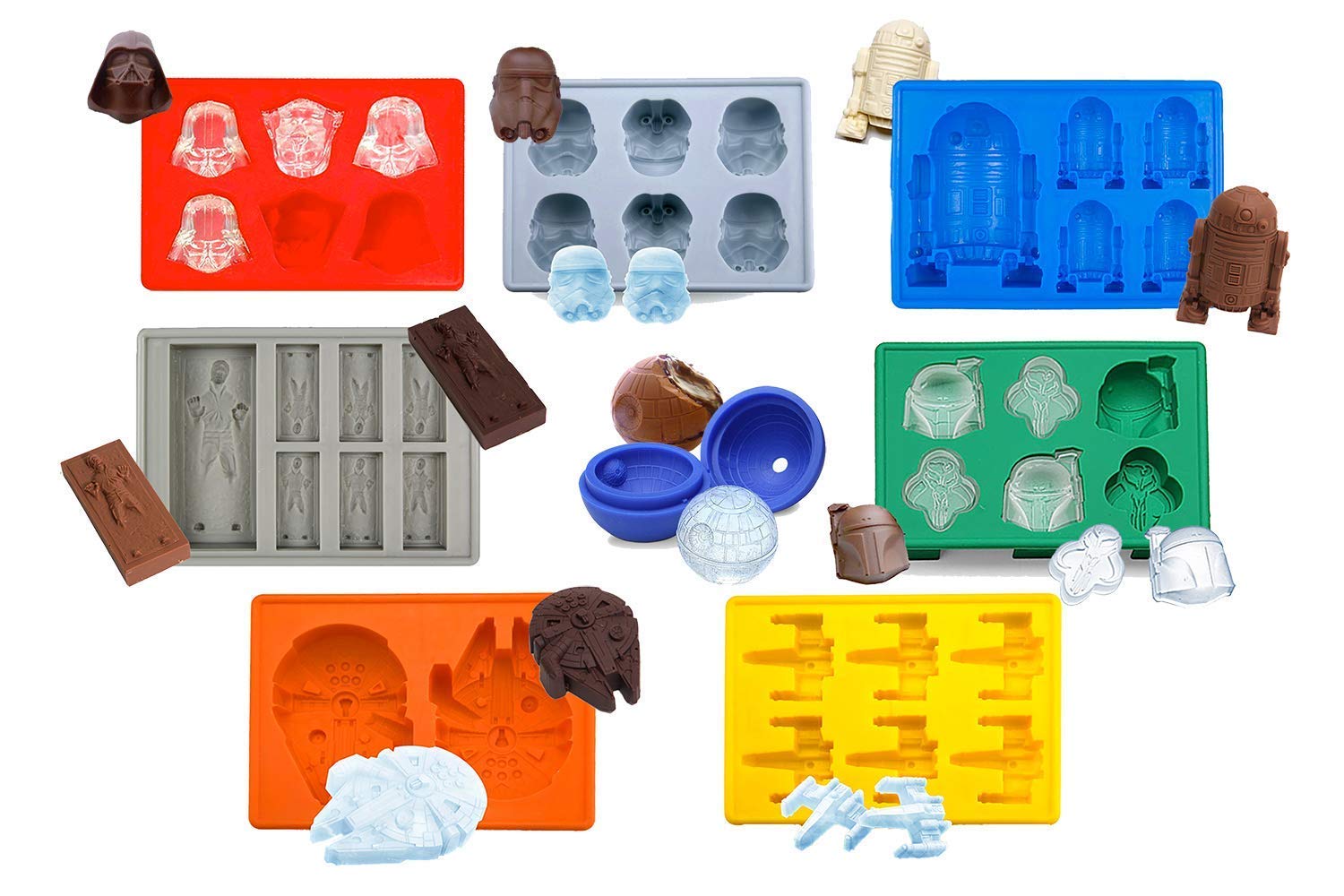 Set of Best10 Star Wars Silicone Ice Trays/Chocolate Molds: Stormtrooper, Darth Vader, X-Wing Fighter, Millennium Falcon, R2-D2, Han Solo, Boba Fett, and Death Star