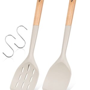 Pack of 2 Silicone Spatula, Non Stick Cooking Utensil Set Wooden Handle Kitchen Turner for Baking Mixing Grilling Serving Food Heat Resistant Non Scratch Hooks Included (Khaki)