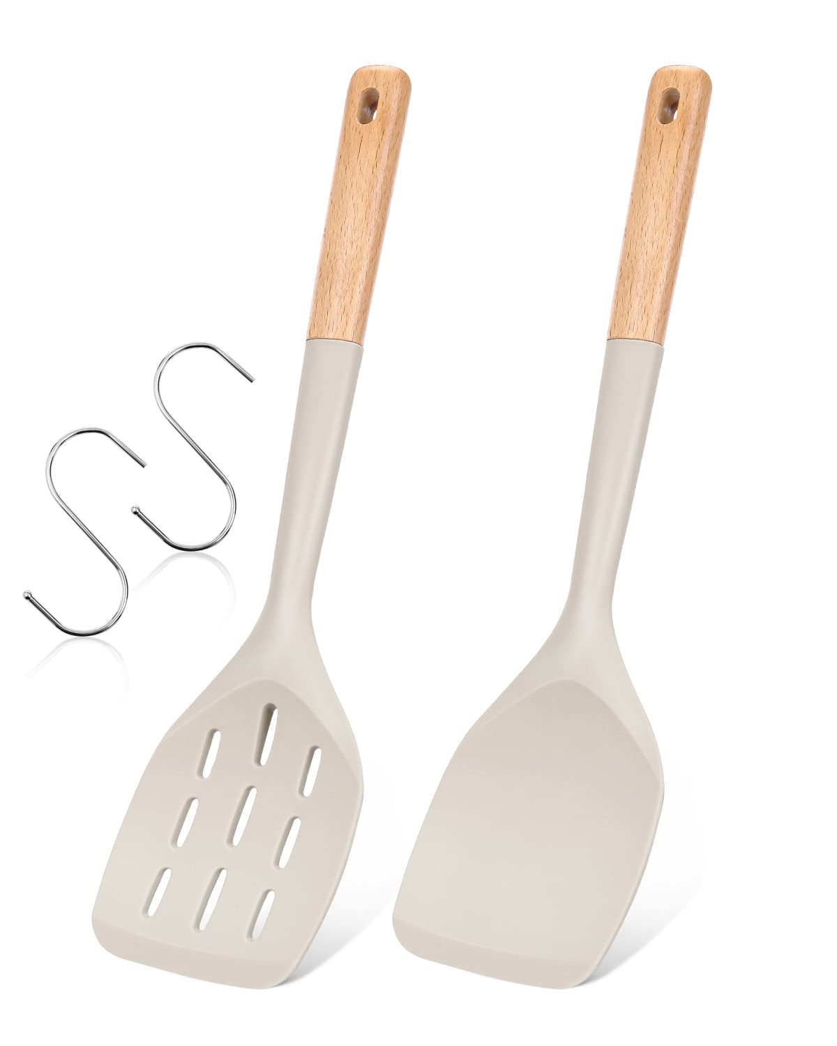 Pack of 2 Silicone Spatula, Non Stick Cooking Utensil Set Wooden Handle Kitchen Turner for Baking Mixing Grilling Serving Food Heat Resistant Non Scratch Hooks Included (Khaki)