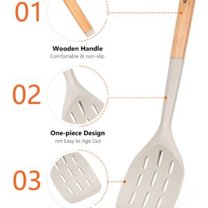 Pack of 2 Silicone Spatula, Non Stick Cooking Utensil Set Wooden Handle Kitchen Turner for Baking Mixing Grilling Serving Food Heat Resistant Non Scratch Hooks Included (Khaki)