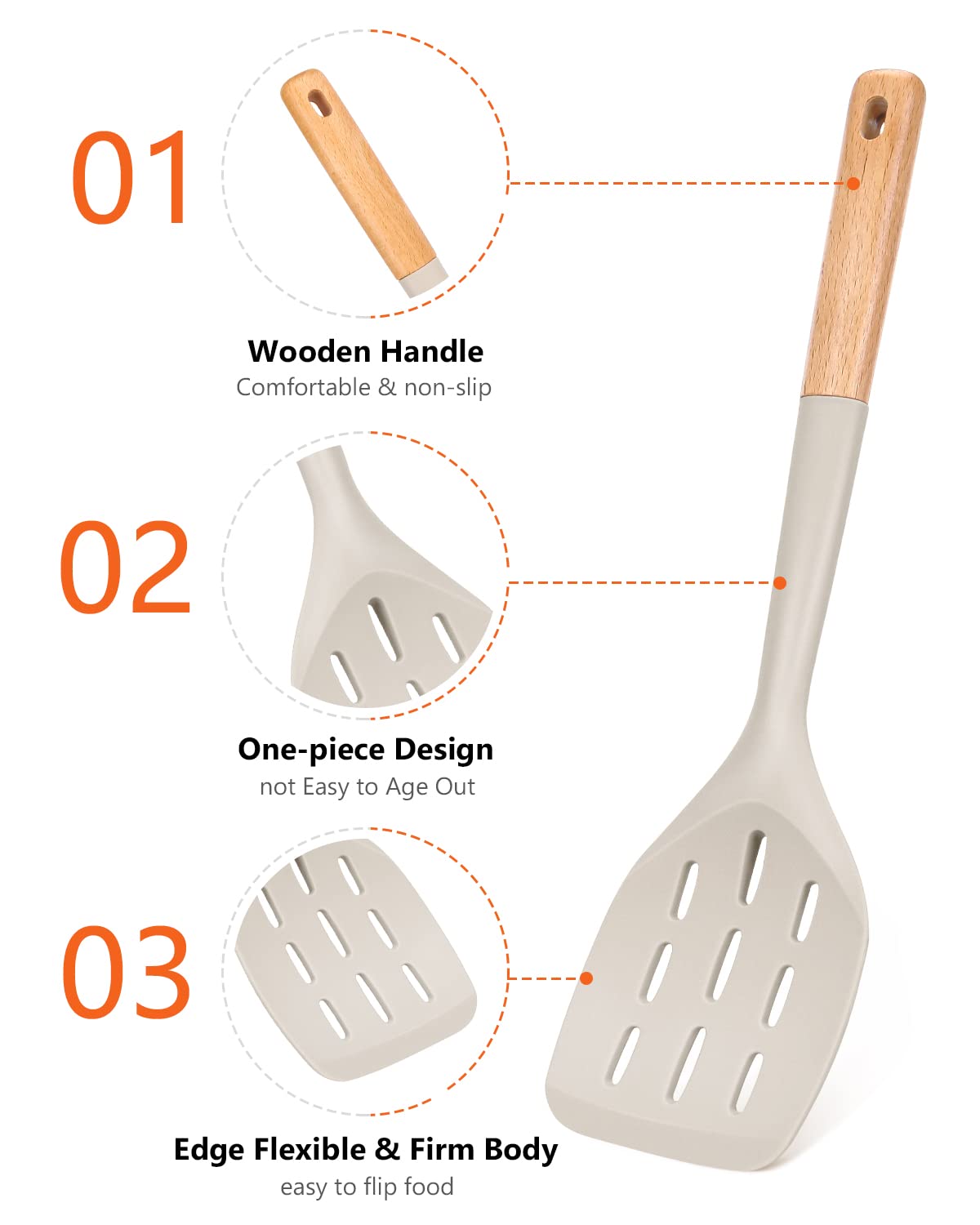 Pack of 2 Silicone Spatula, Non Stick Cooking Utensil Set Wooden Handle Kitchen Turner for Baking Mixing Grilling Serving Food Heat Resistant Non Scratch Hooks Included (Khaki)