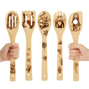 nightmare before christmas gifts - 5 pcs wooden spoons for cooking,nightmare before christmas kitchen utensils set,wood cooking utensils set for mothers day gifts