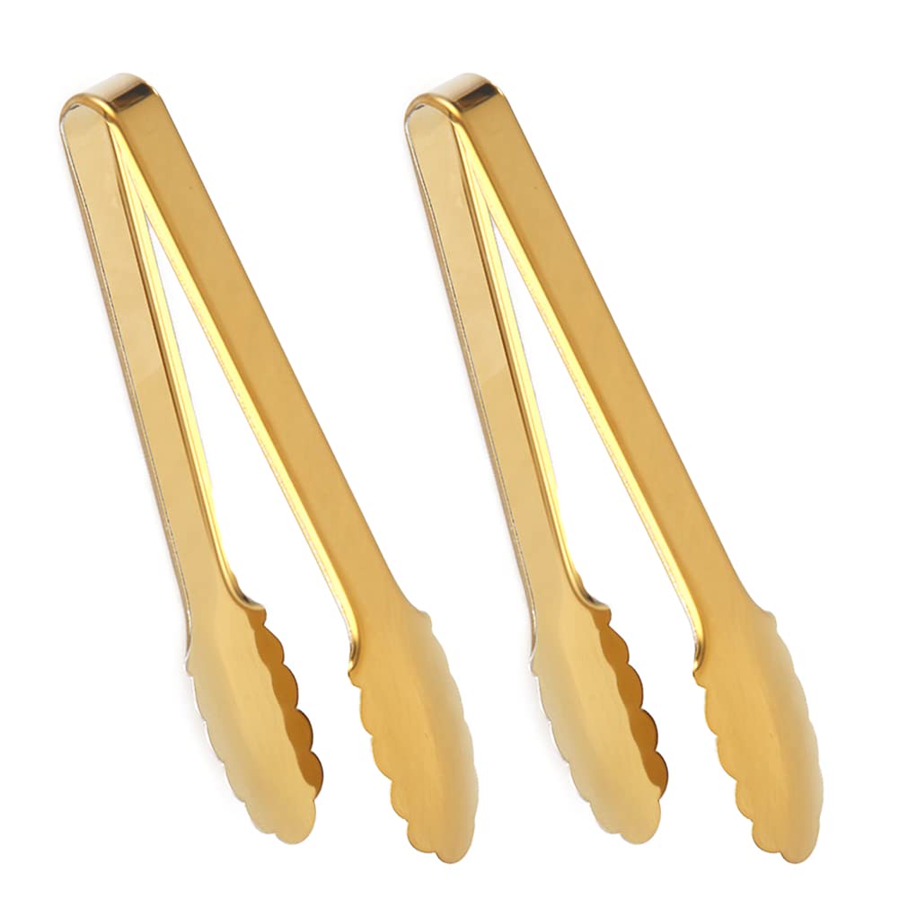 IAXSEE 2 Pack 9 Inch Gold Serving Tongs Gold Serving Utensils Salad Tongs Buffet Tongs Non-slip & Easy Grip Stainless Steel Gold Plated Buffet Serving Tongs, Salad, Ice, Oven