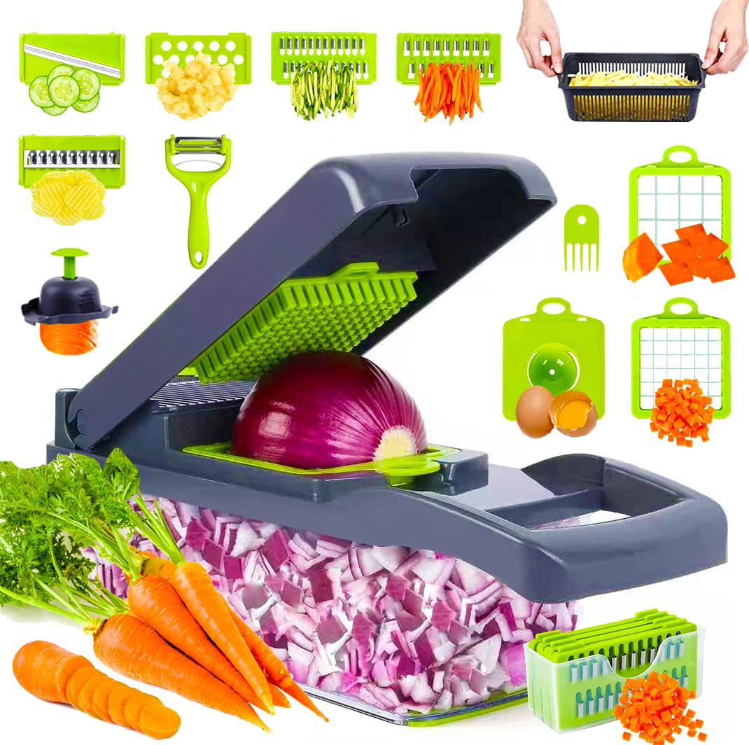 YAYAYOUNG Vegetable Chopper,Multifunctional 16 in 1 Food Chopper,Veggie Chopper with Container,Pro Onion Chopper,Potato Slicer,Kitchen Cutter Slicer Dice(Grey)